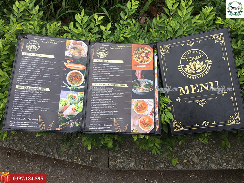 Menu bìa da in logo nhà hàng Saveurs Du Vietnam