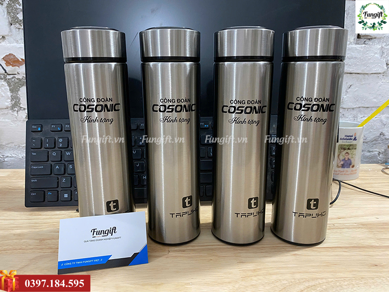 Bình nước inox 304 giữ nhiệt in logo Công Đoàn Cosonic làm quà tặng