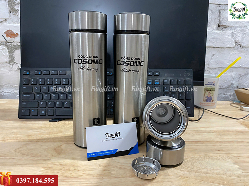 Bình nước inox 304 giữ nhiệt in logo Công Đoàn Cosonic làm quà tặng